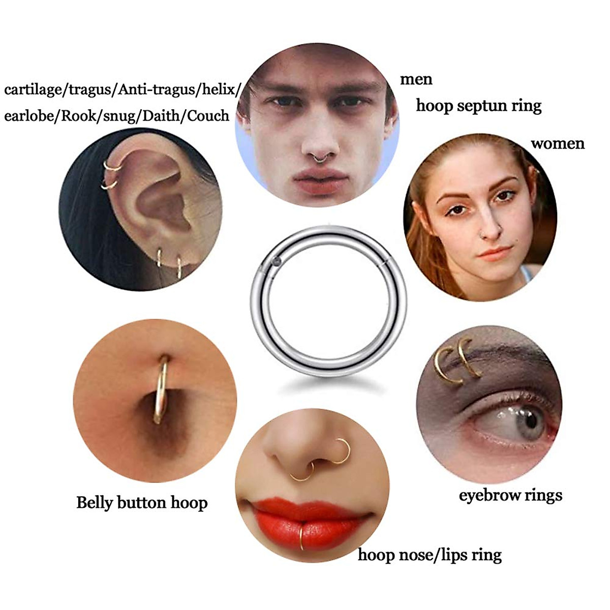 16G Surgical Steel Hinged Clicker Segment Nose Rings Hoop Helix Cartilage Daith Tragus Sleeper Earrings Body Piercing for women (16G - Gold - (6mm-14mm) - 10Pcs)