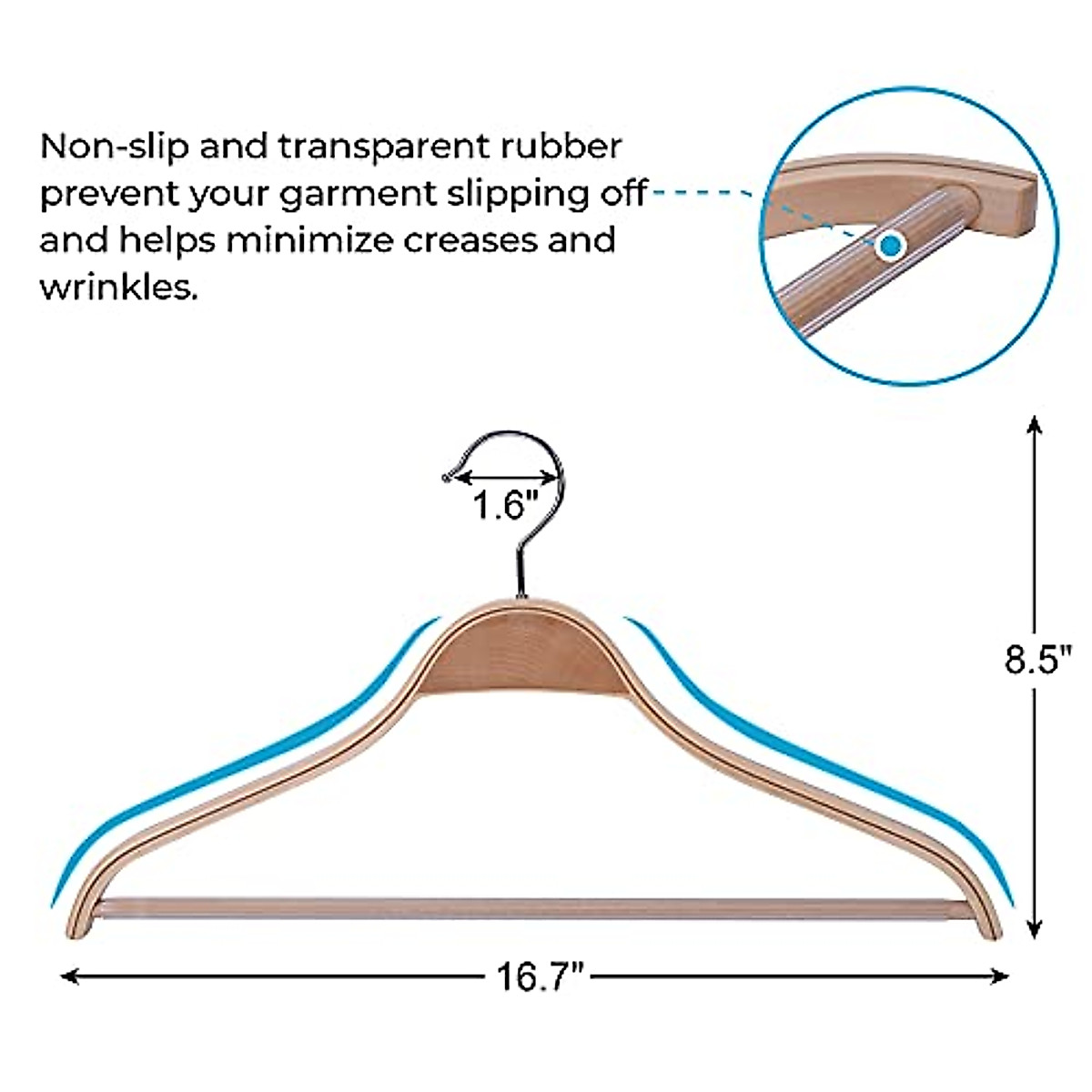 JS HANGER Wooden Coat Hangers, 10 Pack Light Weight Wood Coat/Suit Hangers with Non-Slip Pant Bar, Natural Finish