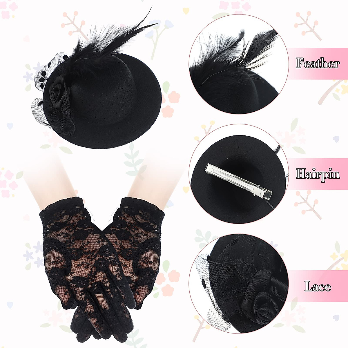 4 Sets Women Tea Party Hat and Gloves Fascinators Hats for Women Girls Kids Tea Party Headband with Lace Fascinator Gloves Mini Tea Party Hats Cocktail Party Supplies Fancy Hair Fascinators