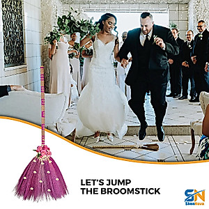 SN SKENNOVA Asian Broom -Beautiful Handmade Retro Grass Broom with Traditional Thai Embroidery On 24" Bamboo Handle, Thick & Sturdy for Unique Wall Decor & Cleaning.