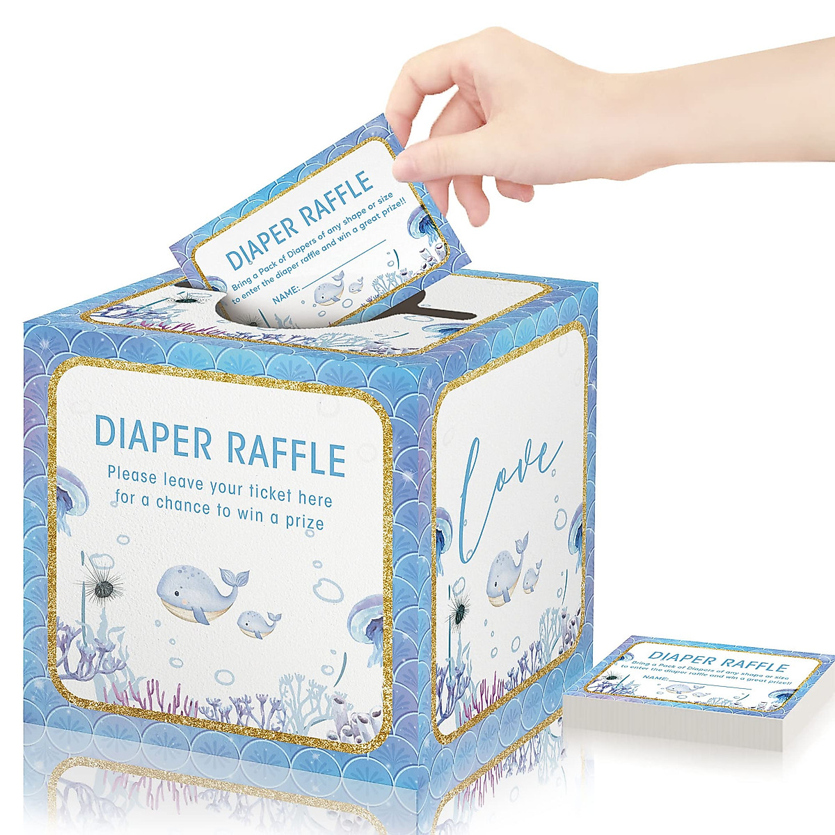 Azbuk Ocean World Theme Diaper Raffle Game with Box for Baby Shower, Funny Diaper Raffle Tickets Game, Diaper Party Raffle Insert Cards, Party Decorations Supplies, 50 Diaper Raffle Cards