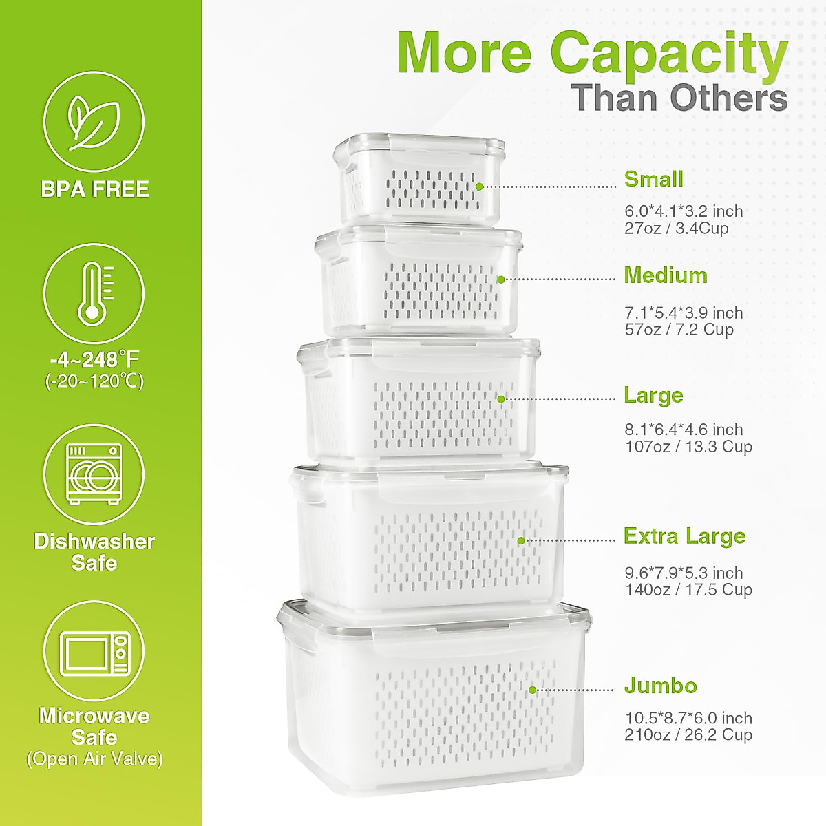 LUXEAR 5PCS Fruit Storage Containers For Fridge, Produce Vegetable Saver Container with Lid Colander Vent Handle, BPA-Free Refrigerator Microwave Dishwasher Safe, Keep Fruits Veggie Food Meat Fresh