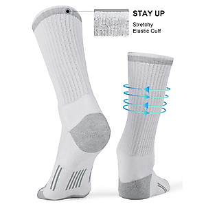 FITRELL 6 Pack Men's Athletic Crew Socks Cushioned Work Boot Socks, White, Large, Shoe Size 9-12