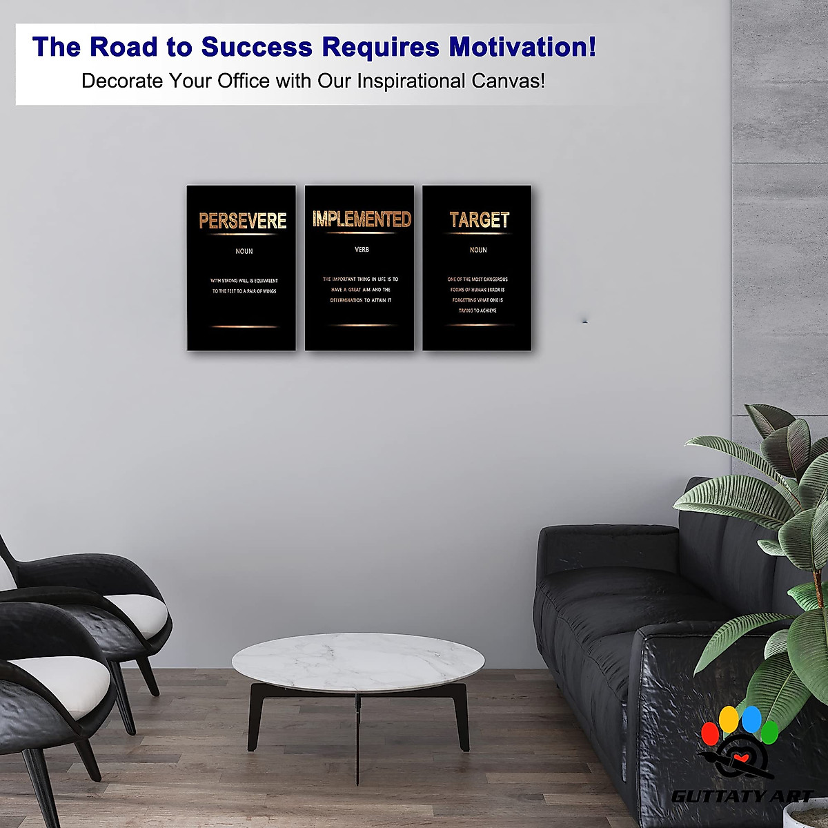3-Panel Motivational Wall Art for Office, Inspirational Quotes Canvas Art for Home Office Wall Decor, Persevere-Implemented-Target Inspiring Affirmations Positive Words for Company Decor(12”x18”x3Pcs)