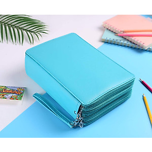 Shulaner 200 Slots Colored Pencil Case Organizer with Zipper PU Leather Large Capacity Pen Holder Bag (Lake Blue)