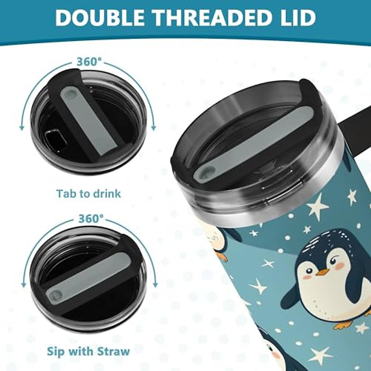 FRCSDIY Cute Penguin Insulated Tumbler with Handle and Straw Lid,40oz Leakproof Stainless Steel Cup BPA-Free Water Bottle