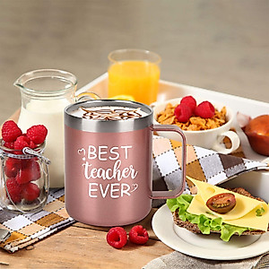 Qtencas Teacher Gifts, Best Teacher Ever Coffee Mug, Thank You Appreciation Gifts for Teachers Women on Birthday Christmas, 12 Oz Stainless Steel Travel Mug, Rose Gold