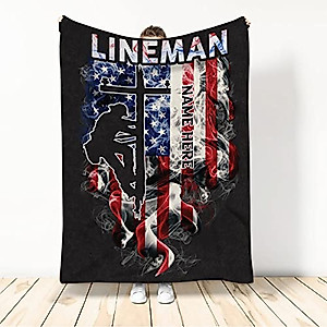 OhaPrints Custom Electrician Lineman Patriotic Us America Flag Gift Personalized Name Soft Sherpa Throw Blankets Cozy Fuzzy Fleece Throws for Tv Sofa Couch Comfy Fluffy Blanket 30X40 50X60 60X80