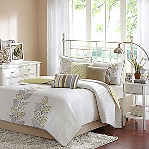 Madison Park Caelie Quilt Modern Classic Design All Season, Breathable Coverlet Lightweight Bedding Set, Matching Shams, Decorative Pillow, King/Cal King(104"x94"), Leaf Yellow 6 Piece