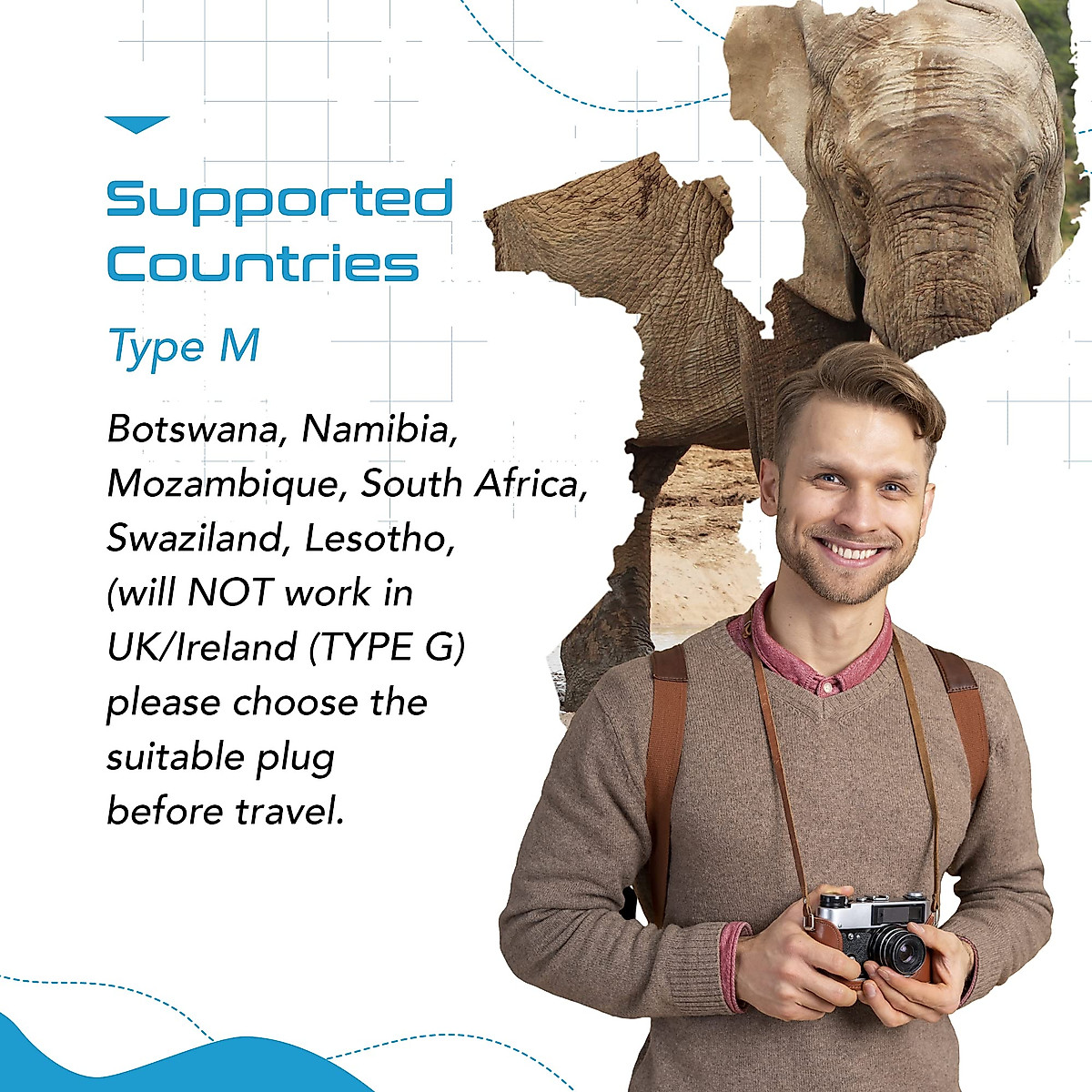 Ceptics South Africa Travel Adapter - 5 Input with QC 3.1A Dual USB and USB-C - Ultra Compact - Light Weight - USA to Any Type M Countries Such as Namibia, Botswana and More (PTU-10L), White