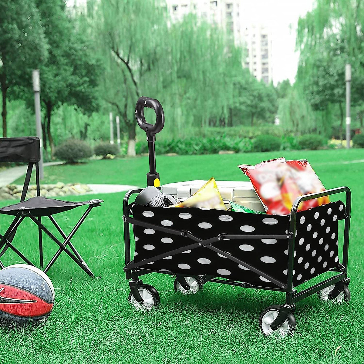 Collapsible Wagon Cart Black and White Polka Dot Foldable Utility Wagon Large Capacity Garden Cart with Push Bar for Beach Camp Outdoor Shopping