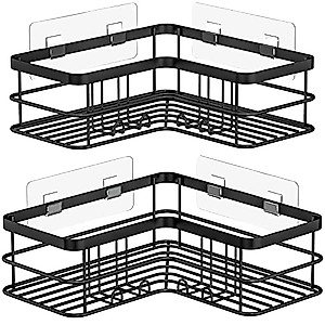Yazoni Corner Shower Caddy, Adhesive Shower Shelves No Drilling [2-Pack], Rustproof Stainless Steel Bathroom Shower Organizer Wall Mounted with 8 Hooks and 6 Adhesives (Black)