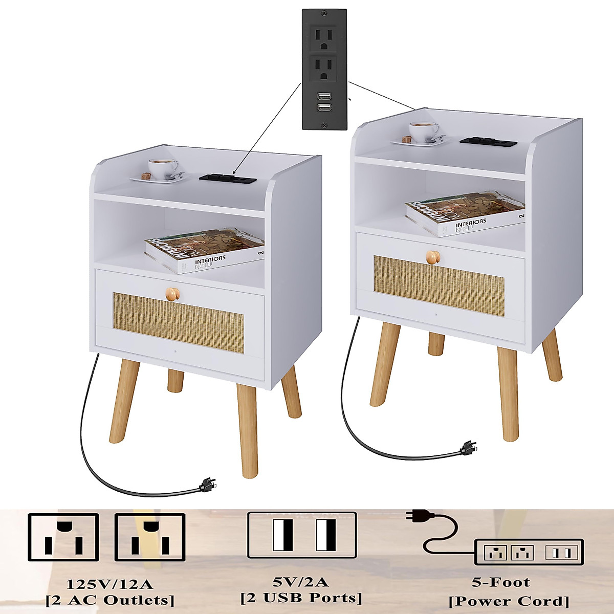 Gyger Nightstand Set of 2，Wood Nightstand with Charging Station，Bed Side Table with Rattan Decor Drawer，Small Night Table with Storage for Bedroom,White