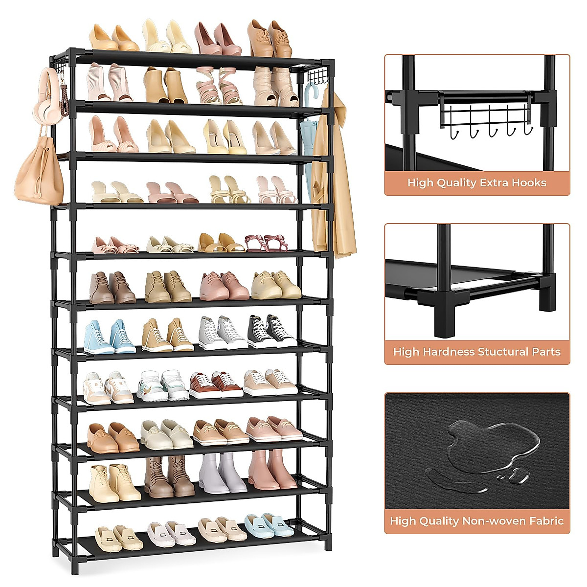 VILICK 11 Tiers Tall Wide Shoe Rack 55 Pairs Large Capacity Sturdy Durable Shoe Rack for Closet Metal Shoe Organizer Shelf with Two Hooks Space Saving for Entryway Black