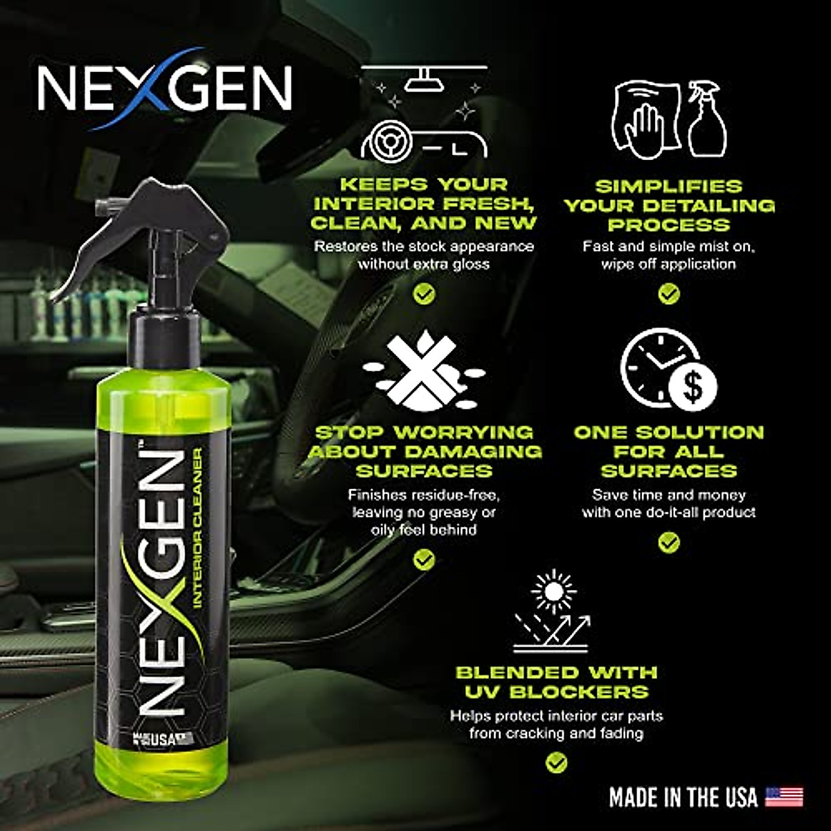 Nexgen Interior Cleaner — All Purpose Cleaner For Car Detailing, Interior Car Cleaner, Car Dashboard Cleaner — Mist On Wipe Off Solution for All Interior Surfaces (16oz)