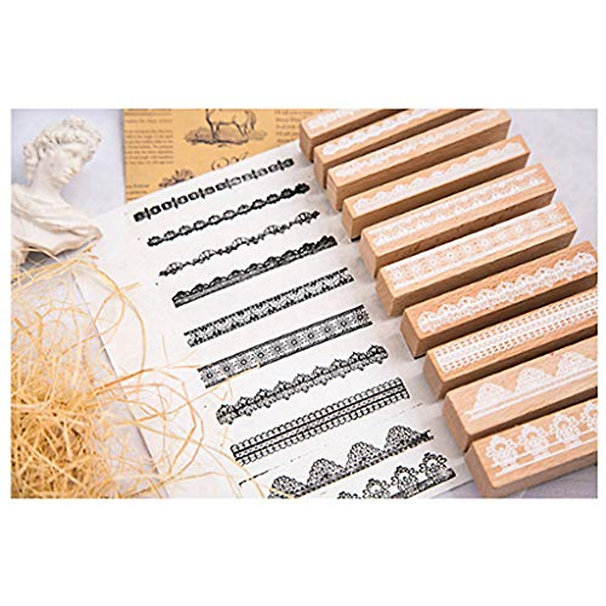 ALIMITOPIA Diary Stamp Set,Wooden Rubber Flower Signet Stamps for Children DIY Scrapbooking Planner Card Making(10pcs,Lace B)