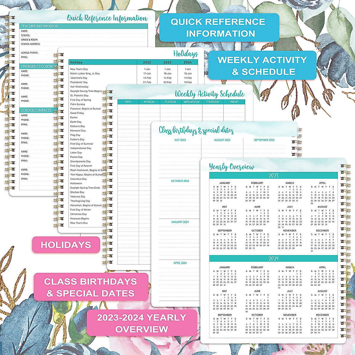 Teacher Planner 2023-2024 - 2023-2024 Weekly & Monthly Lesson Plan Book, July 2023 - June 2024, 8" x 10", Academic Planner 2023-2024 with Twin-Wire Binding for Teachers - Ink-painting Roses