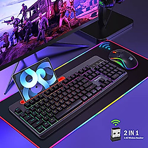 Snpurdiri Wireless Gaming Keyboard and Mouse Combo, True RGB Rechargeable Full Size Anti-ghosting Keyboard with Tablet/Phone Bracket, RGB Mouse,Long Battery Life for Gaming, Office