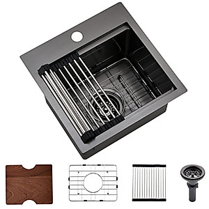 15 Inch Black Drop In Bar Sink Workstation-Bokaiya 15x15 Black Stainless Steel Topmount Bar Sink Outdoor Rv Sink 16 Gauge Single Bowl Wet Bar Sink with Cutting Board