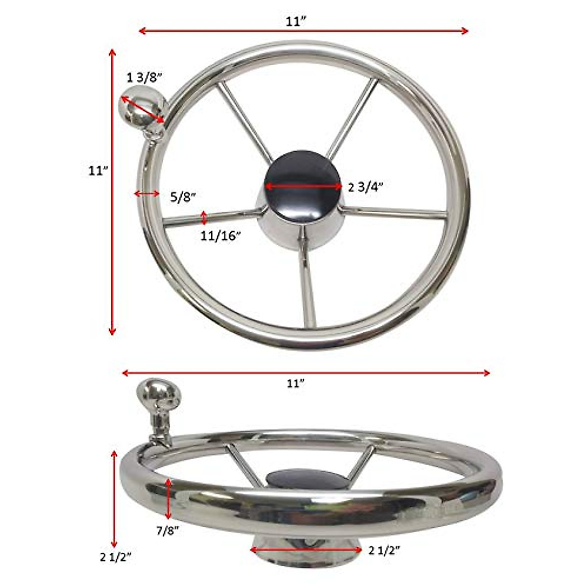 Pactrade Marine Destroyer 11" S.S Steering Wheel Control Knob Black Cap 5 Spoke