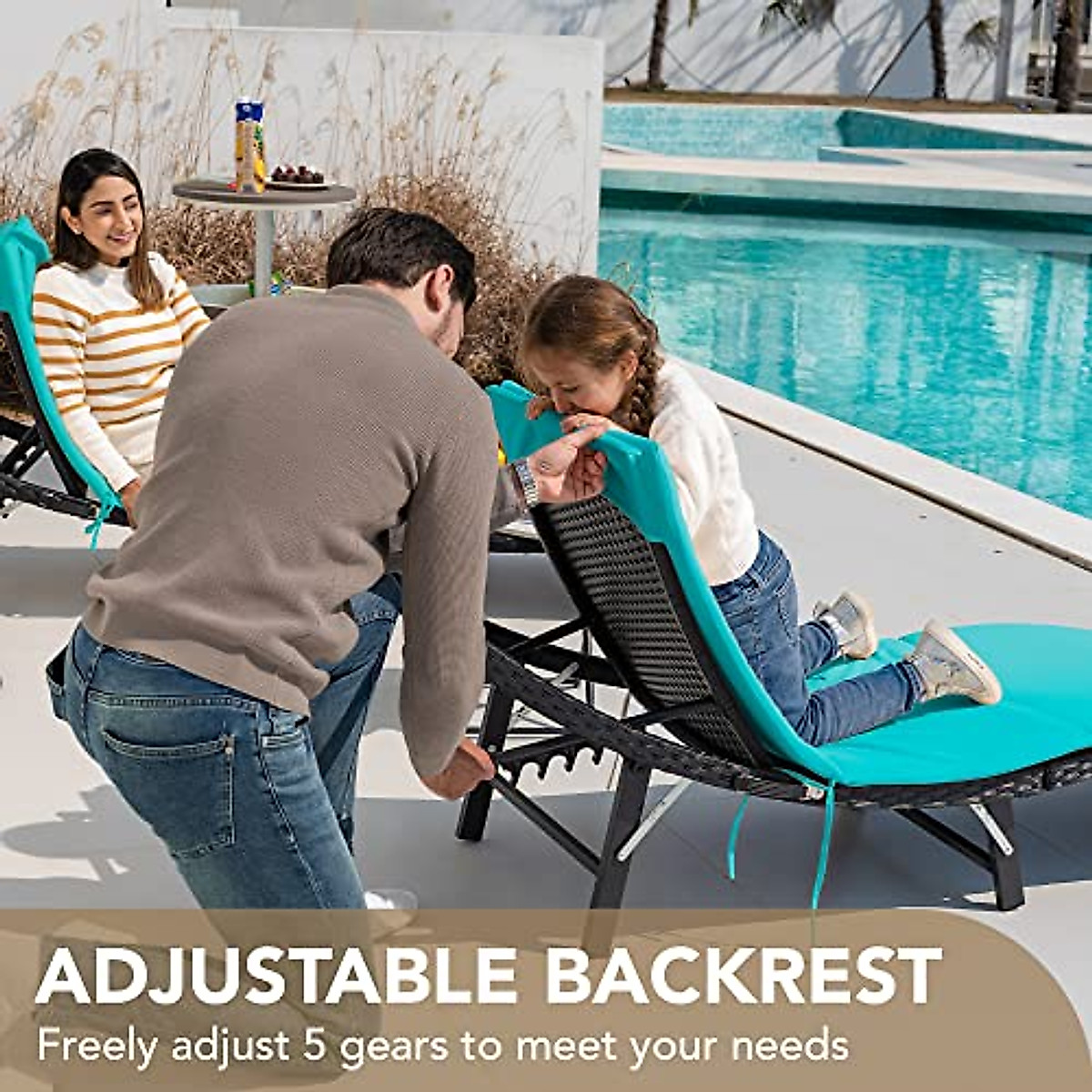 Devoko Patio Chaise Lounge Sets Outdoor Rattan Adjustable Back 3 Pieces Cushioned Patio Folding Chaise Lounge with Folding Table (Blue)