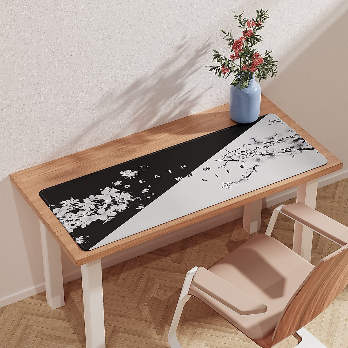 ETZ Black and White Japanese Cherry Tree Blosson Mouse Pad (31.5 × 11.8 × 0.12 inch) Extended Large Mouse Mat Desk Pad, Stitched Edges Mousepad,Non-Slip Rubber Base,Gaming Mouse Pad XL.
