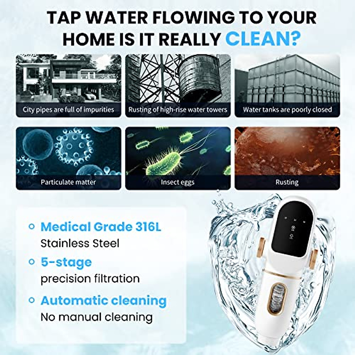City/Well Water/Tap Whole House Water Sediment Pre-Filtration System, Reusable Quick Wash Backwash Filter, 40 Micron Capture Sand and Other Impurities, BPA Free, US-China Joint High-Tech Technology