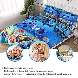 Qucover Dolphin Comforter Set Twin Size 3-Piece Blue Ocean Sea Animall Tropical Fish Comforter Set with 2 Pillowcases for Teen Boys, Twin 59x79 Inches