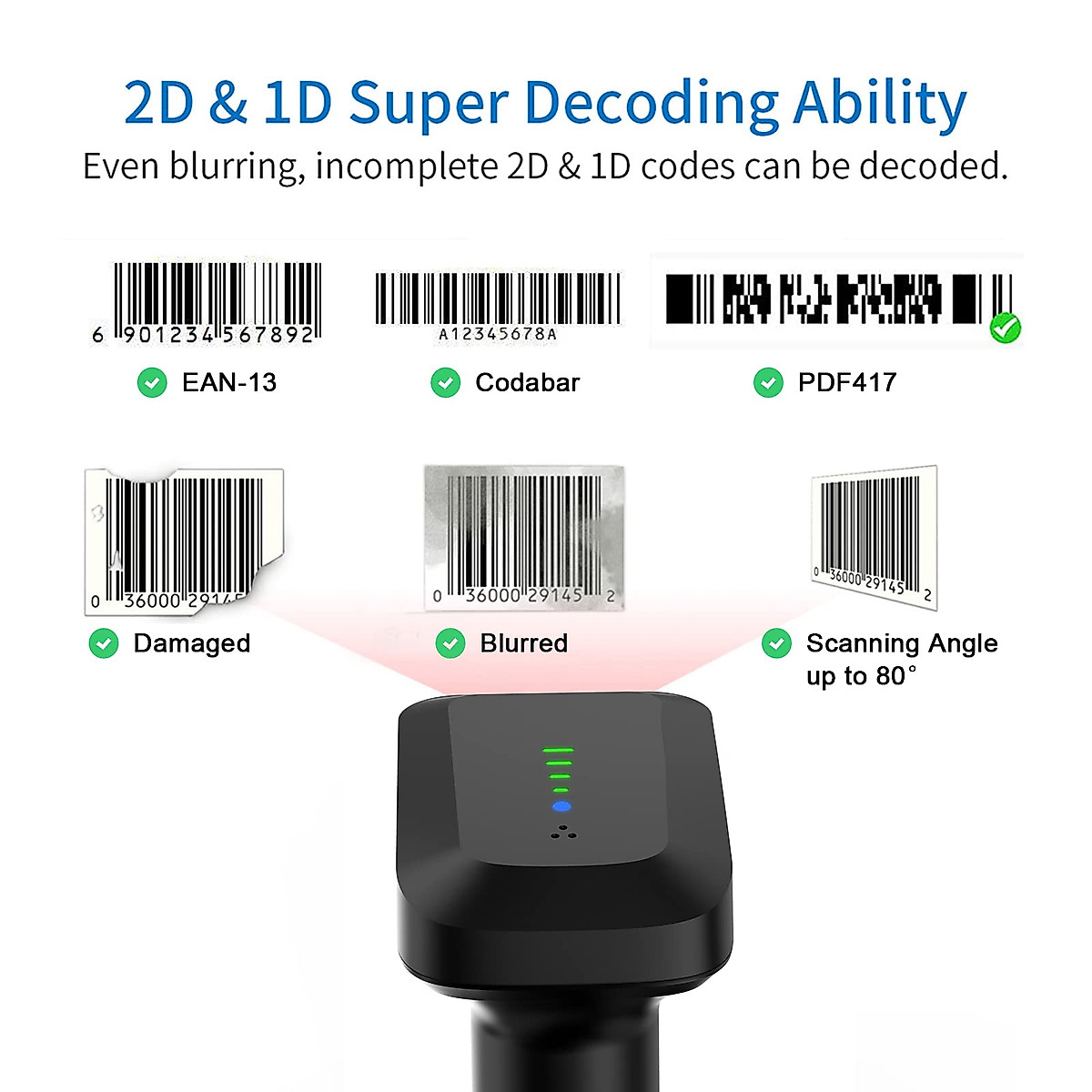Alacrity Bluetooth Barcode Scanner Wireless 1D Laser Barcode Reader with Battery Level Indicator, 3 in 1 Bluetooth & 2.4GHz Wireless & USB Wired Bar Code Scanner
