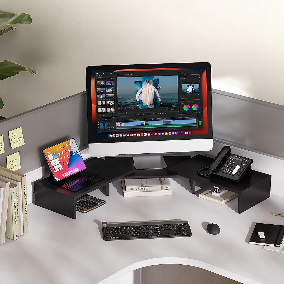 FITUEYES Dual Monitor Stand – 3 Shelf Computer Monitor Riser, Wood Desktop Stand with Adjustable Length and Angle, Desk Accessories, Office Supplies Medium Black,DT108001WB