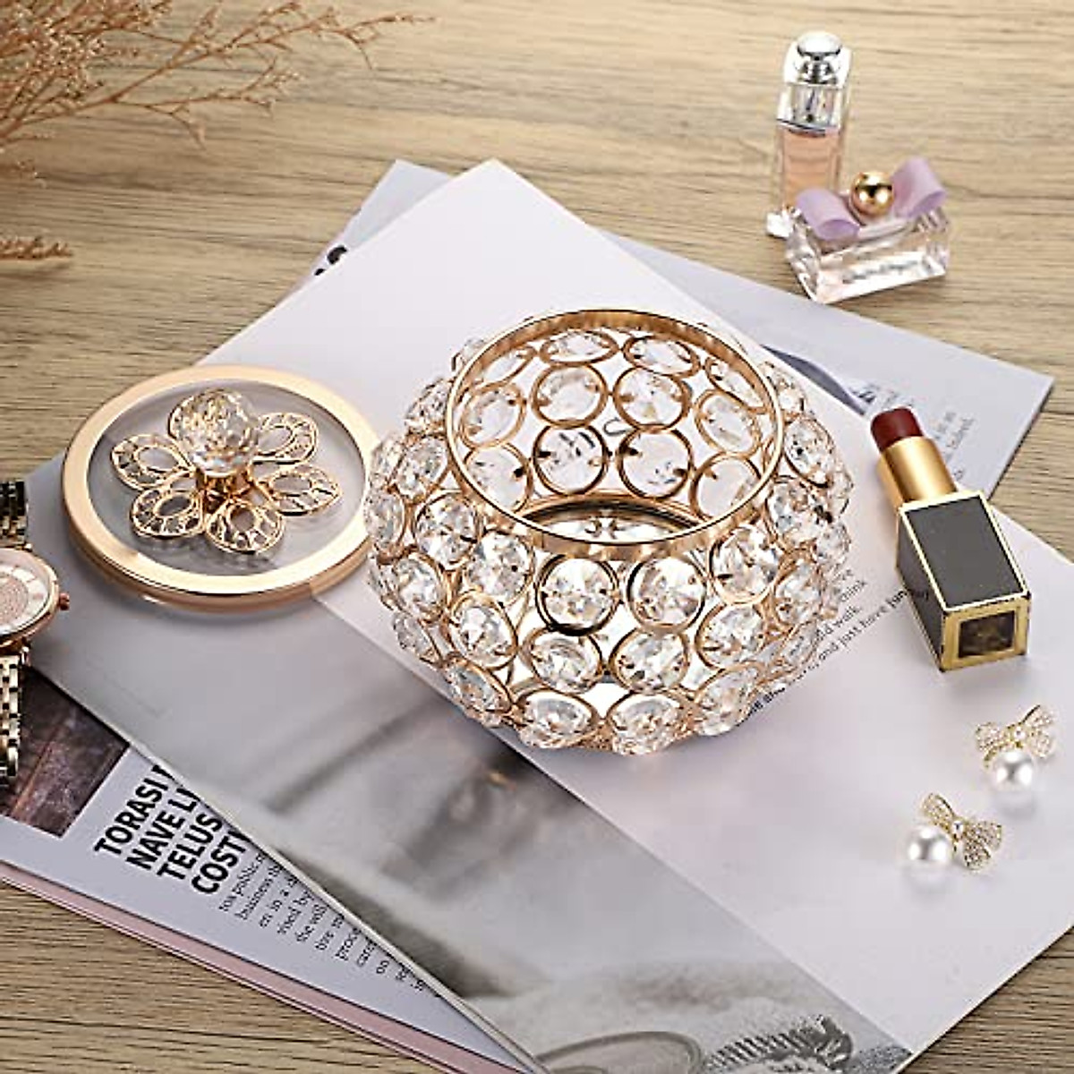 Hipiwe Crystal Jewelry Box with Glass Lid Small Trinket Organizer Mirrored Treasure Box Ring Holder Earrings Necklace Storage Box Keepsake Gift Box for Home Dresser Decor, Gold
