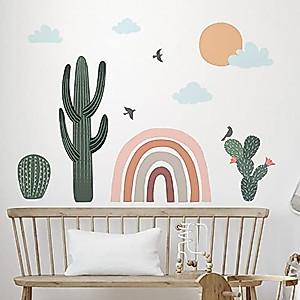 Yovkky Cactus Rainbow Wall Decals Stickers, Boho Cacti Botanical Sun Clouds Nursery Decor, Bohemian Tropical Green Plant Neutral Home Decorations Kids Toddler Classroom Bedroom Art