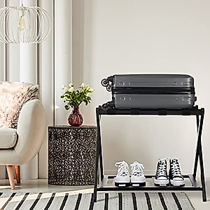 6 Pcs Folding Luggage Racks with Storage Shelf Foldable Suitcase Racks Bamboo Luggage Rack Suitcase Stand with Nylon Straps Strong Bearing Capacity Luggage Holder for Bedroom Guest Room Hotel, Black