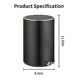 Trash Can with Lid, 8L/2Gallon Bathroom Garbage Can with Foot Pedal, Stainless Steel Step Trash Bin for Bedroom, Toilet, Kitchen, Round Waste Basket with Soft Close Lid for Office, Metal Garbage Bin(Black)
