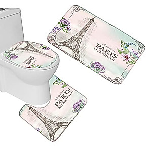 Amagical Paris Memories Eiffel Tower Pattern 16 Piece Bathroom Mat Set Shower Curtain Set Bath Mat Contour Mat Toilet Cover Fabric Shower Curtain with 12 Hooks