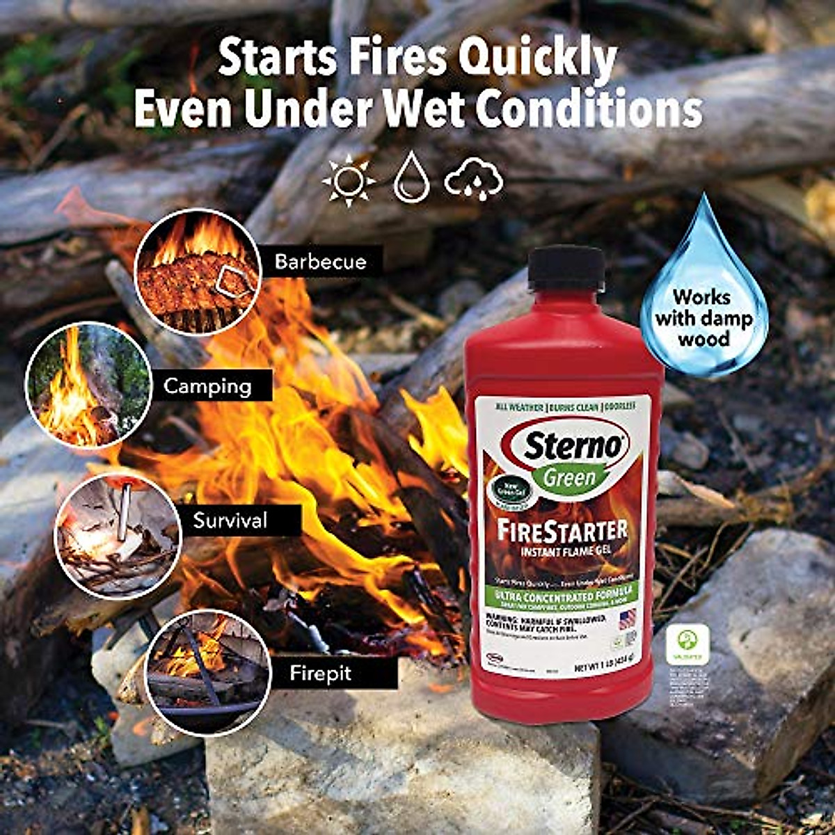 Sterno Fire Starter All-Weather, All Purpose Instant Flame Gel 3-Pack, Ideal for Charcoal, Fire Pits, Campfires, Bio-Mass Stoves