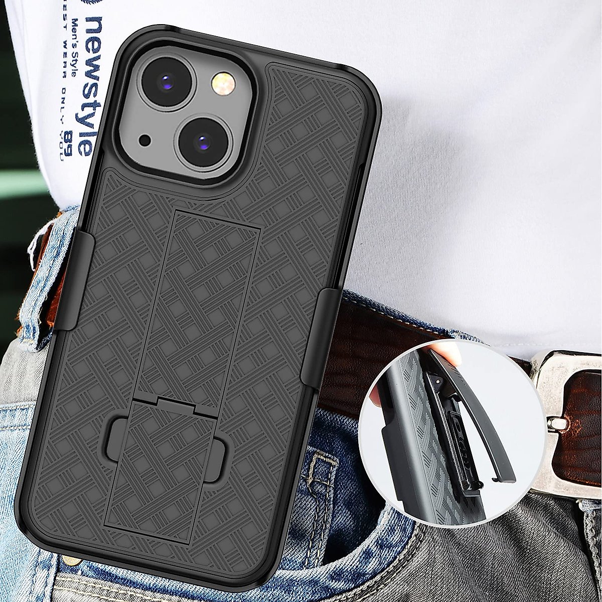 HIDAHE Holster Case Compatible with iPhone 13 Mini 5.4'', Combo Shell & Holster Slim Shell Case for Men with Built-in Kickstand + Swivel Belt Clip Holster for Apple iPhone 13 Mini 2021 ONLY, Black