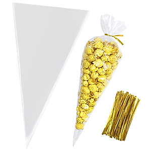Morepack Cone Treat Bags, 100Pcs, 7x15 Inches, Clear Cellophane, with Twist Ties, for Treats, Popcorn, Candy, Party Favors