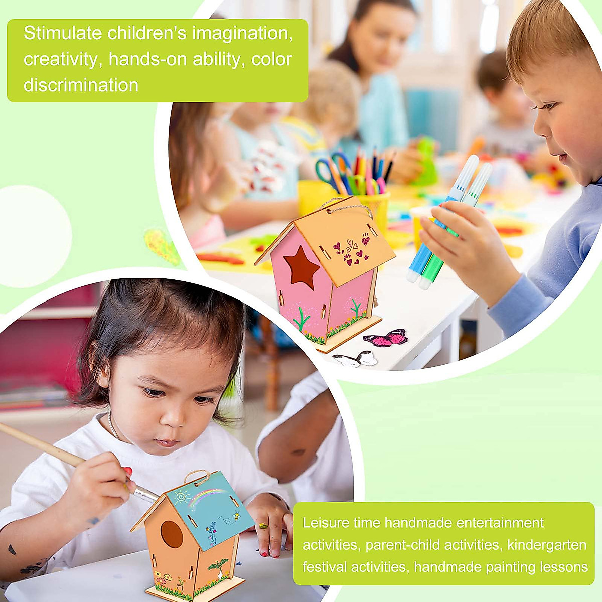 Outus Wooden DIY Craft Doodle Small Bird House Set Include Unfinished Wood Mini Bird House to Paint and Watercolor Paint Pen and 3D Butterfly Wall Sticker Decals for Kids Adults (15 Sets)