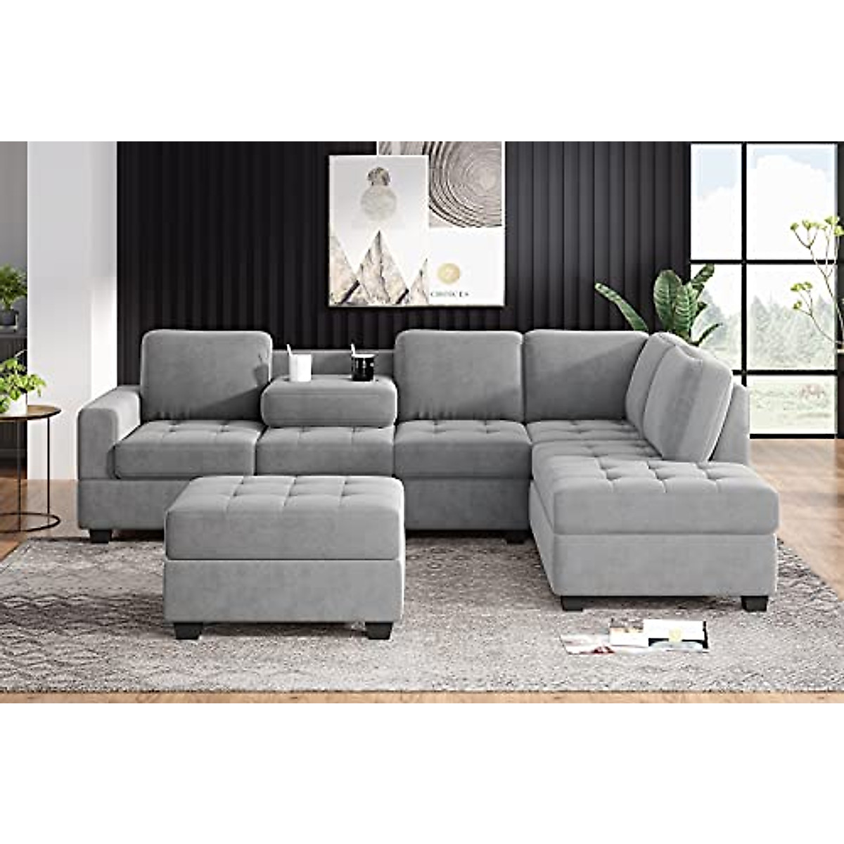 Verfur Fabric Upholstery Convertible Sectional Sofa with Reversible Chaise, L Shaped Couch with Storage Ottoman and 2 Cup Holders Corner, Light Gray 112"