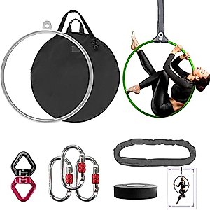 DASKING Aerial Hoop 85cm/90cm Aerial Ring Set Fully Strength Tested 500LBS Single Point Circus Aerial Equipment Yoga Hoop with Accessories and Storage Bag to Carry Yoga Equipment (90CM/25MM)