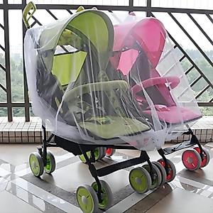 Mosquito Net for Baby Double Strollers,Carriers, Cradles, Car Seats,Universal Size, Insect Bug Netting Buggy Cover,Twin/Tandem Stroller Cover, White, Weather Protection,with Stroller Hooks