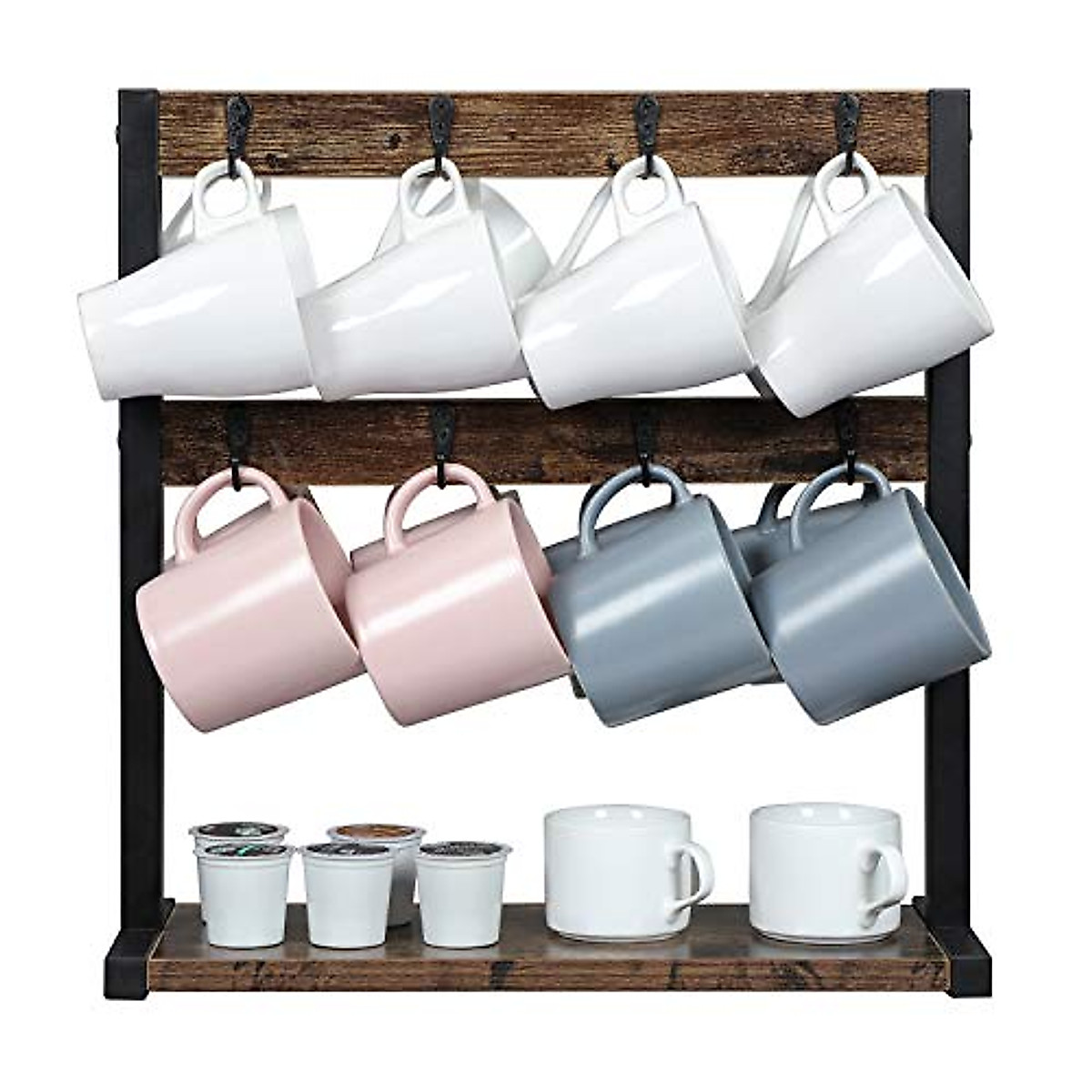 OROPY Vintage Wood Coffee Mug Holder Stand, 2 Tier Countertop Mug Tree Holder Rack for Coffee Mugs Cups, Dark Brown (Double Side,16 Hooks)