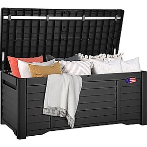 DWVO 120 Gallon Louvered Outdoor Storage Box, Lockable Resin Deck Box for Pillows, Tools, and Pool Supplies - Black