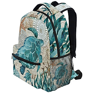 Vdsrup Vintage Turtle Backpack for Girls Kids Boys Ocean Sea Starfish World Map School Book Bag Waterproof Student Laptop Backpacks College Carrying Bags Casual Durable Lightweight