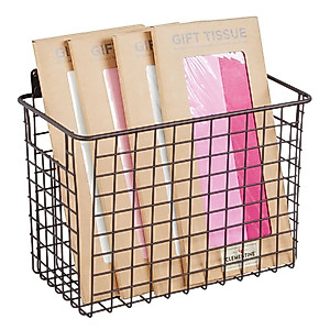 mDesign Portable Metal Farmhouse Wall Decor Storage Organizer Basket Bin with Handles for Hanging in Entryway, Mudroom, Bedroom, Bathroom, Laundry Room - Wall Mount Hooks Included, Large - Bronze