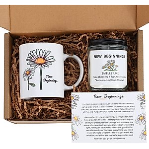 LESEN New Beginnings Box Gifts for Women,Daisy Mug and Candle Gifts Basket for New Job,Going Away,Farewell,Goodbye, Good Luck,Coworker Leaving,Break Up,Divorce Gifts