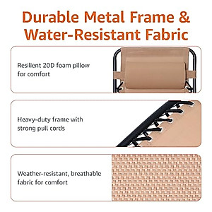 Amazon Basics Outdoor Textilene Adjustable Zero Gravity Folding Reclining Lounge Chair with Pillow, 26", Beige