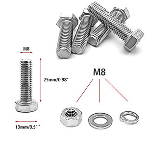 10pcs M8X25mm Stainless Steel Hex Head Screws Bolts-No Slot Stainless Steel Hex Head Machine Screw(with Flat Washer & Split Lock Washer & Hex Nuts)
