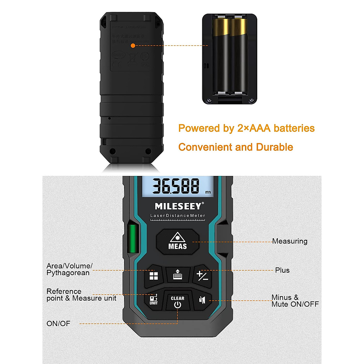Laser Measure with Digital Angle Display, Mileseey by RockSeed 165 Feet with Electronic Level Control,M/in/Ft Unit Switching Backlit LCD and Pythagorean Mode, Measure Distance, Area, Volume